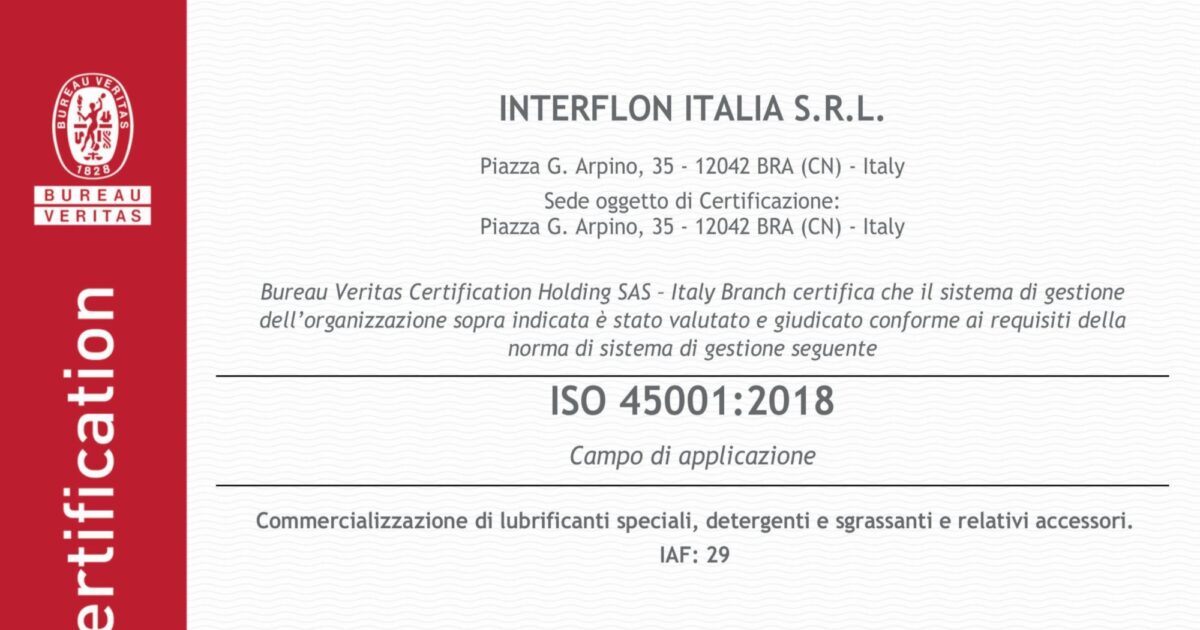 Certificazione ISO 45001:2018 | Interflon